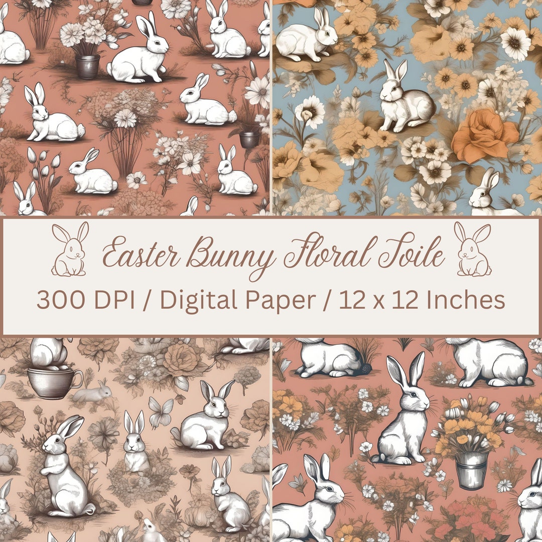 Easter Bunny Floral Toile Digital Paper 12x12 300 DPI Vintage Spring ...