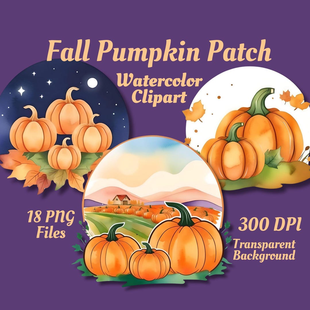 Fall Pumpkin Patch Watercolor Clipart 18 PNG Files 300 DPI Transparent ...