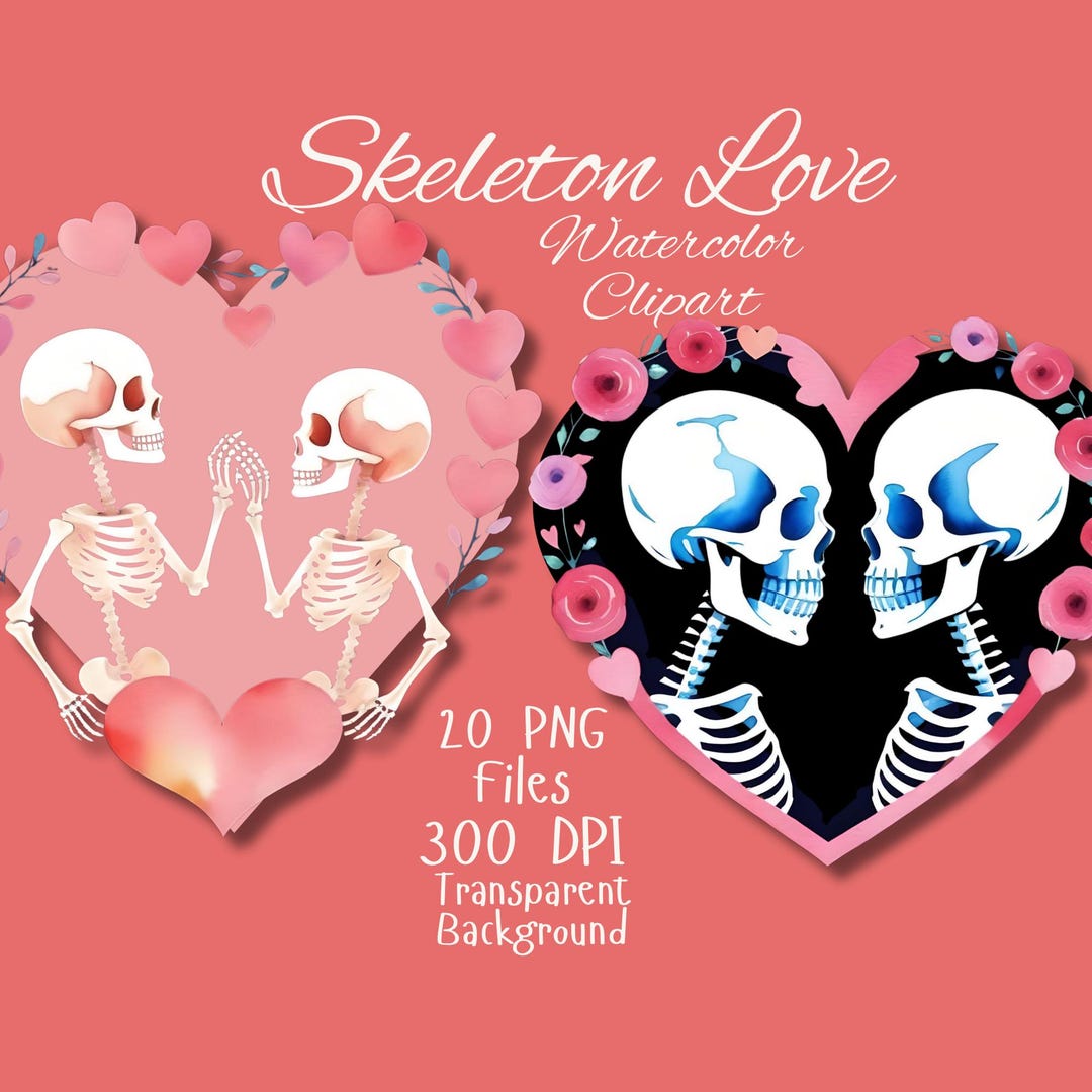 Skeleton Love Watercolor Clipart Romantic Skeleton Couple PNG 20 High ...