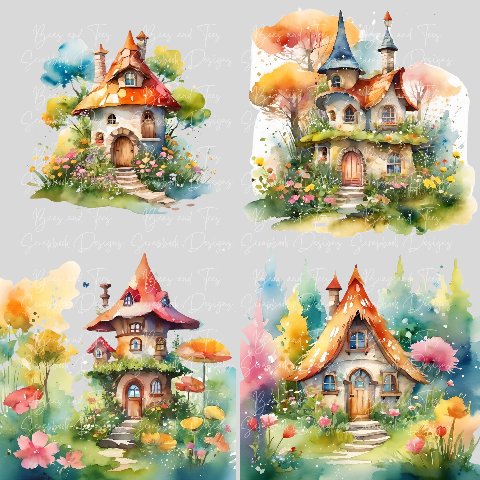 Spring Fairy House Clipart Bundle, Printable Watercolor Pixie Cottage ...