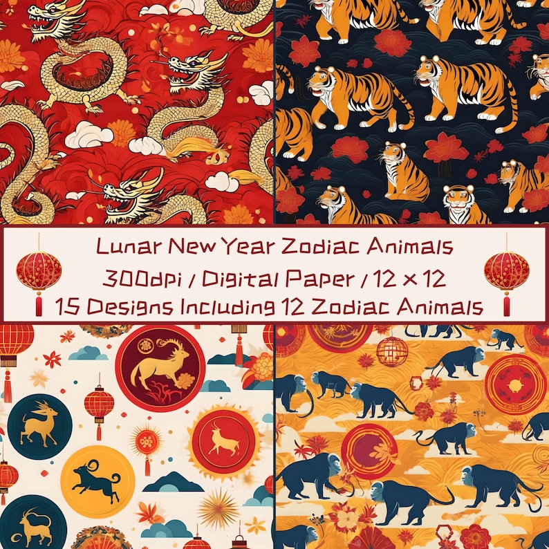 Lunar New Year Zodiac Animals Digital Paper Pack 12x12 300 DPI Chinese ...