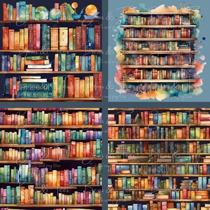 Library Bookshelves Digital Paper Pack, 16 Watercolor Book Patterns ...