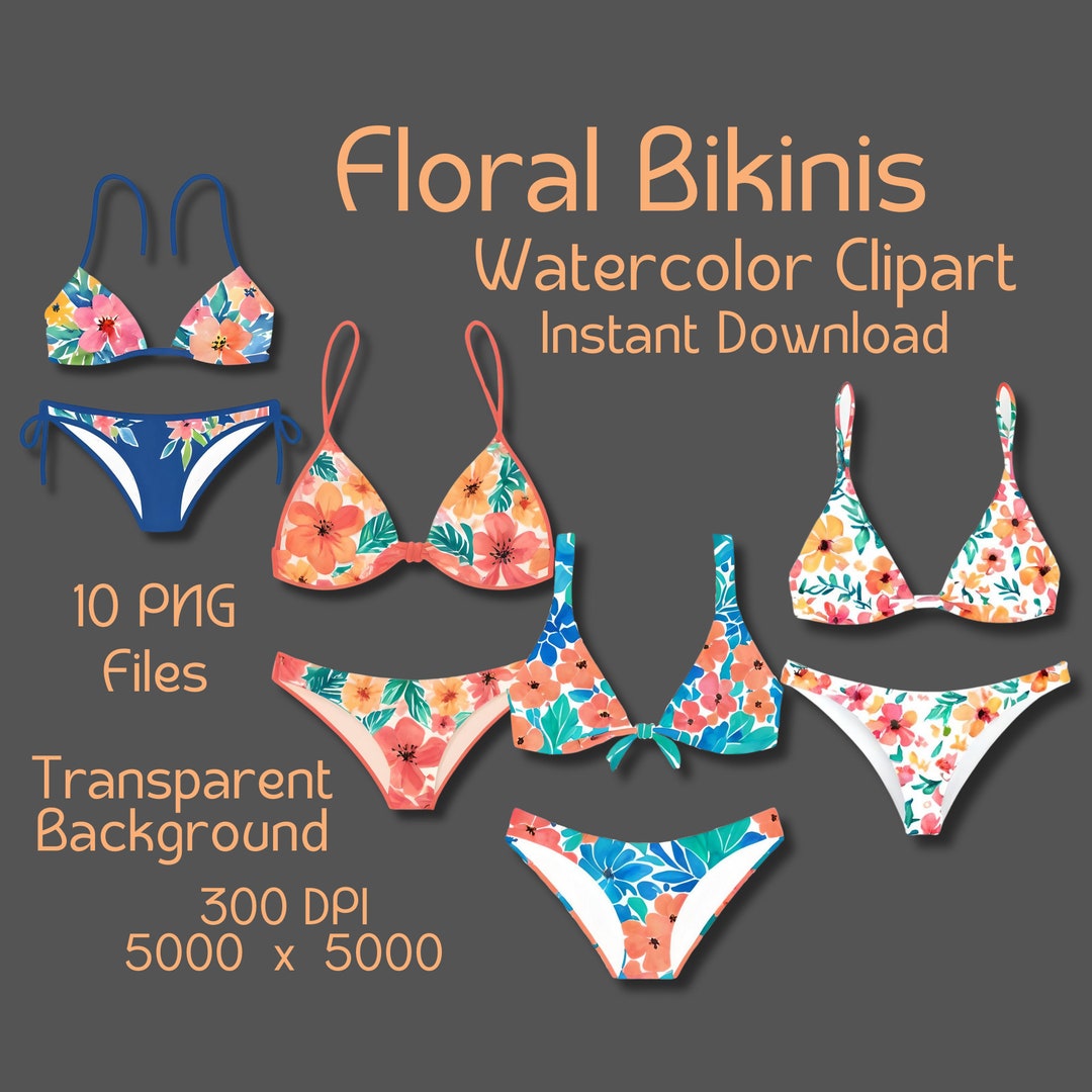 Floral Bikini Clipart Bundle, Printable Watercolor Flower Hawaiian Luau ...