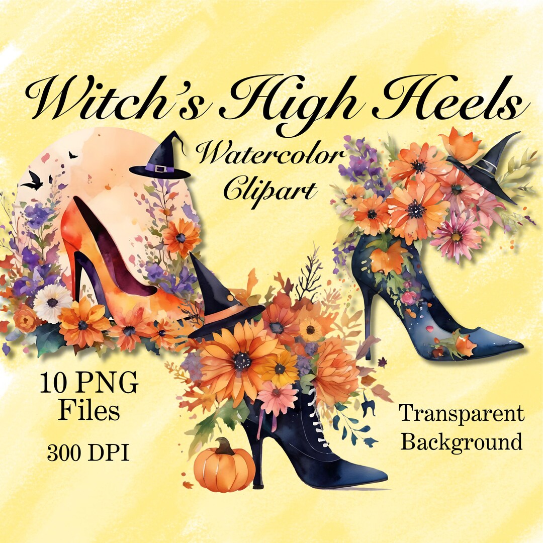 Witch High Heels Watercolor Clipart Halloween Floral Shoes & Pumpkins ...