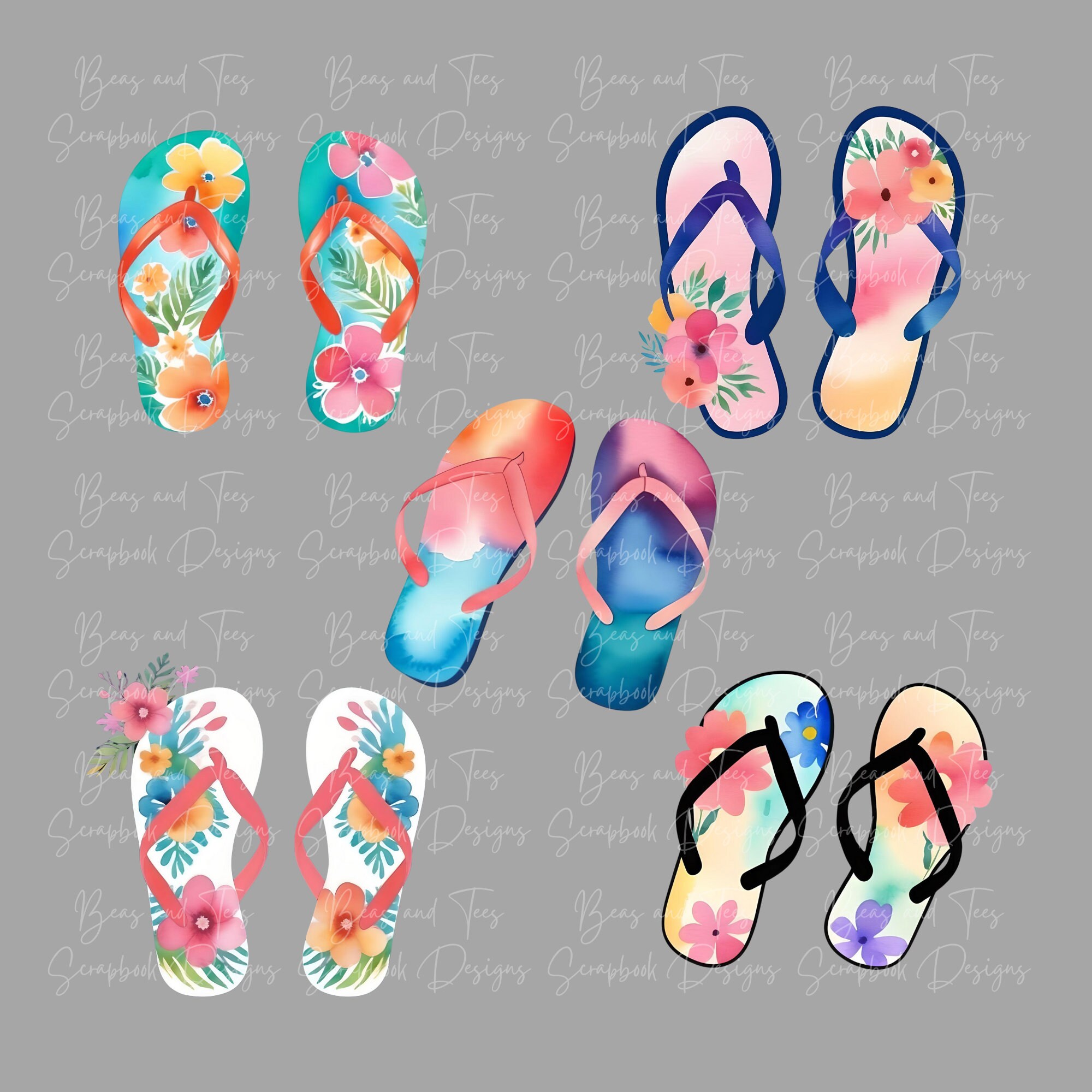 Floral Flip Flops Clipart Bundle, Printable Watercolor Flower Hawaiian ...