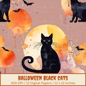 Halloween Black Cat Digital Paper Pack 12 Printable 12x12 Inch Paper ...