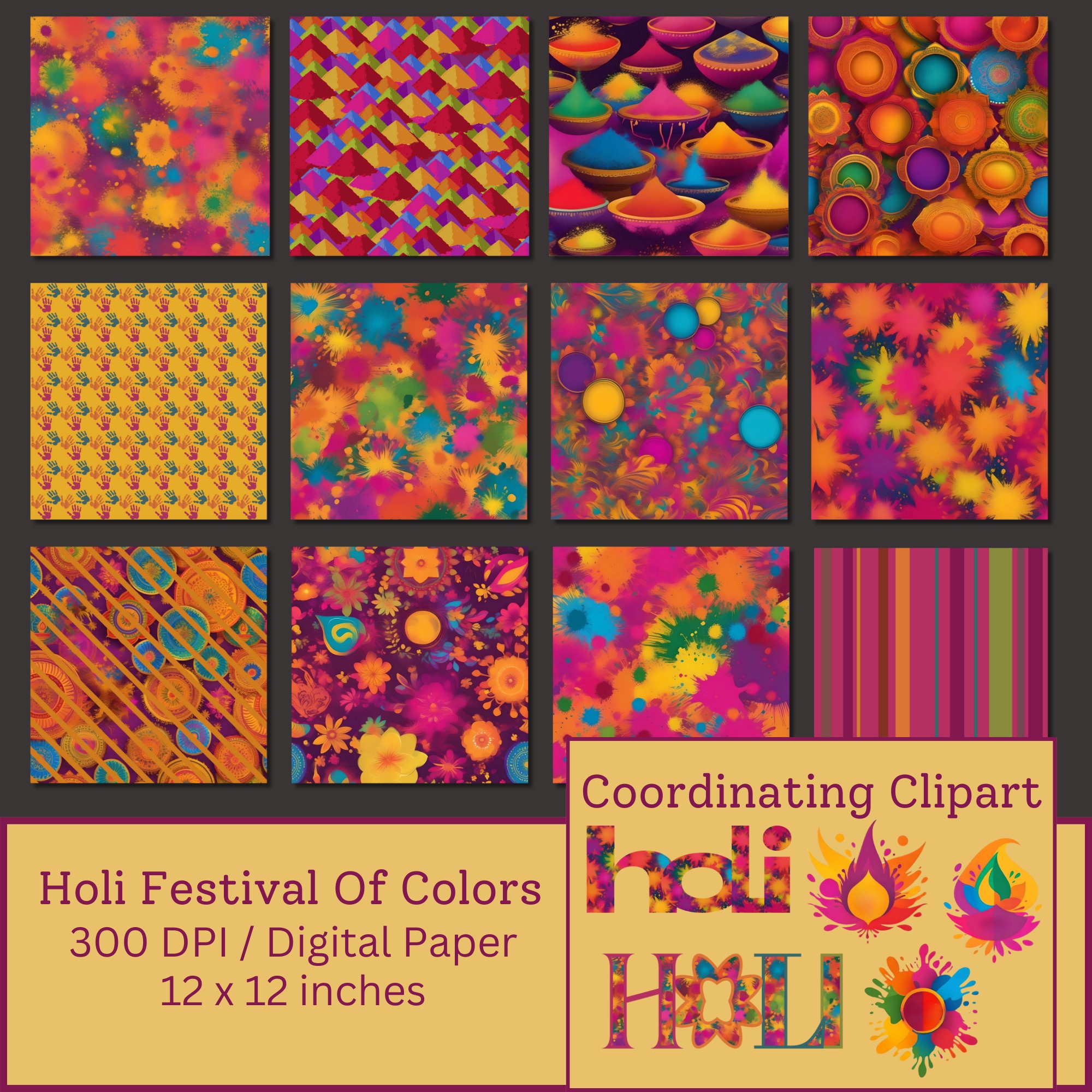 Holi Festival of Colors Digital Paper & Clipart 12x12 Inch 300 DPI ...