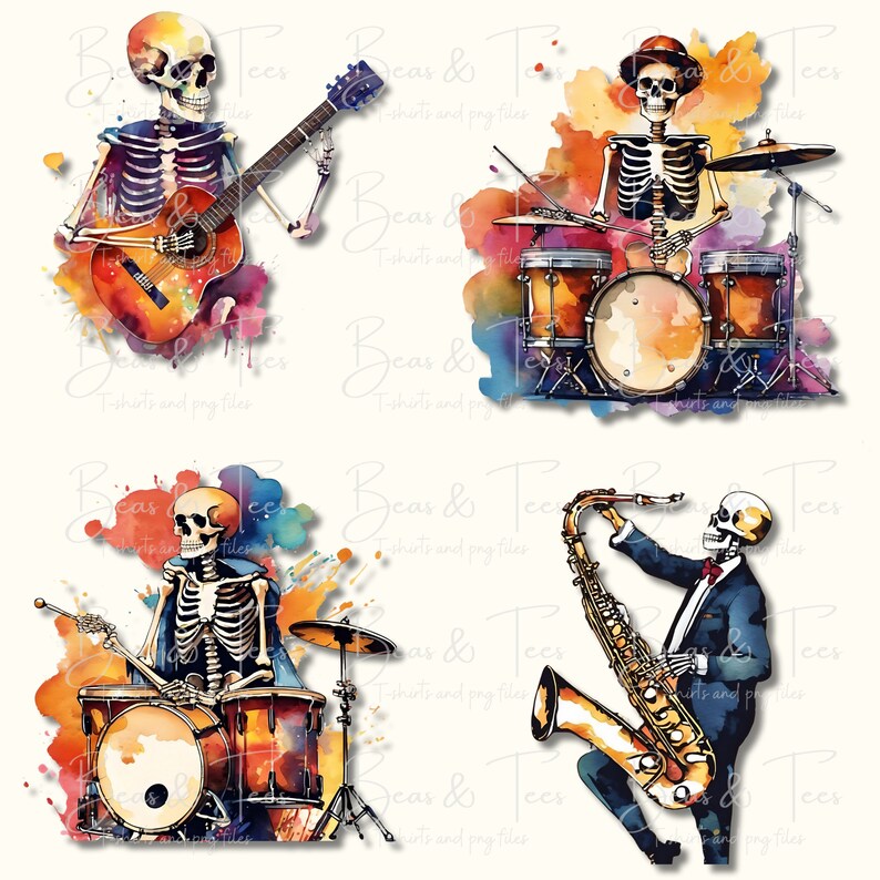 Skeleton Band Clipart Printable Watercolor Music Themed Halloween PNG ...