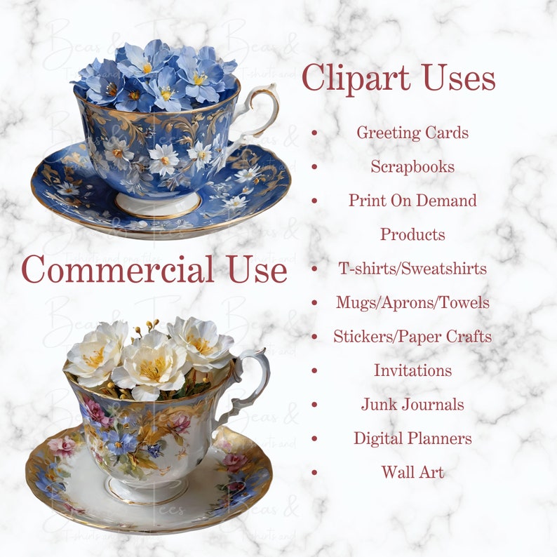 Floral Tea Cup Clipart Bundle, Printable Vintage Flower Tea Set, Tea ...