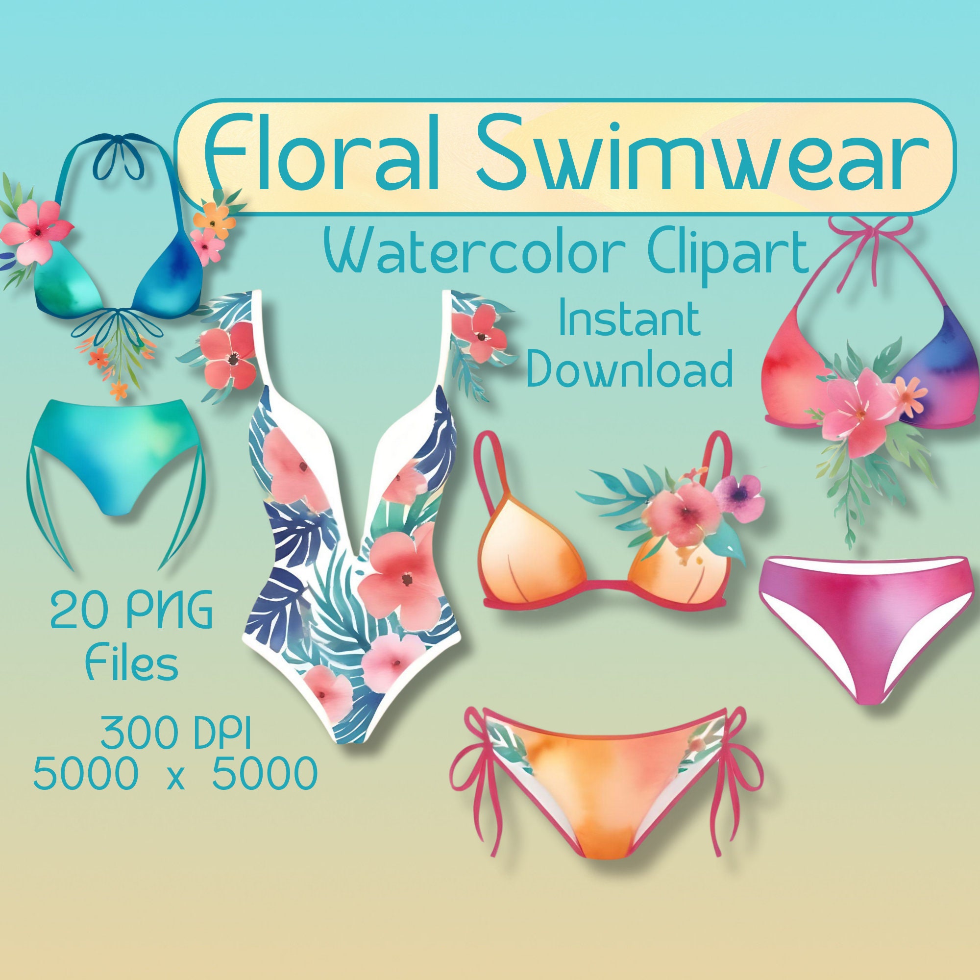 Floral Swimwear Bikini Clipart Bundle, Printable Watercolor Flower ...