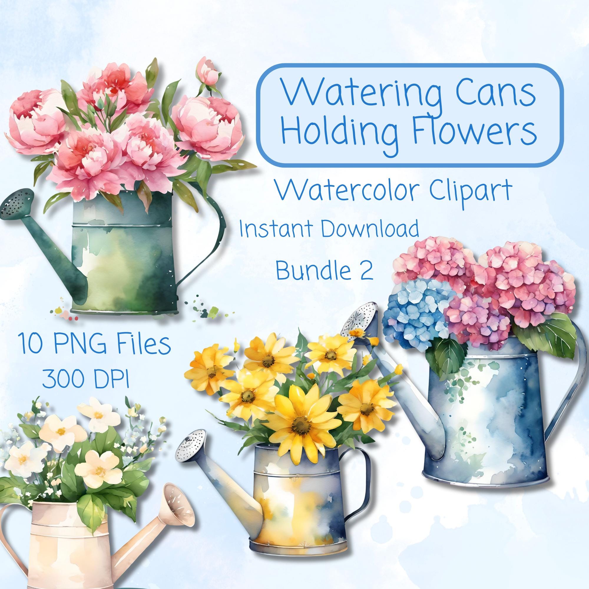 Floral Watering Can Flower Art Watercolor Clipart Bundle 10 PNG Files ...