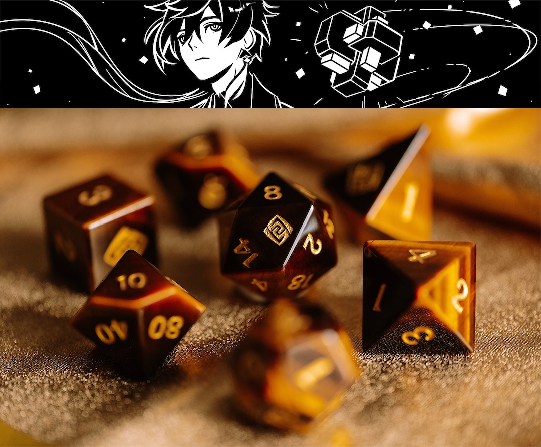 Genshin Tiger's Eye Gemstone Dice Set for D&D With Custom Zhongli Case ...