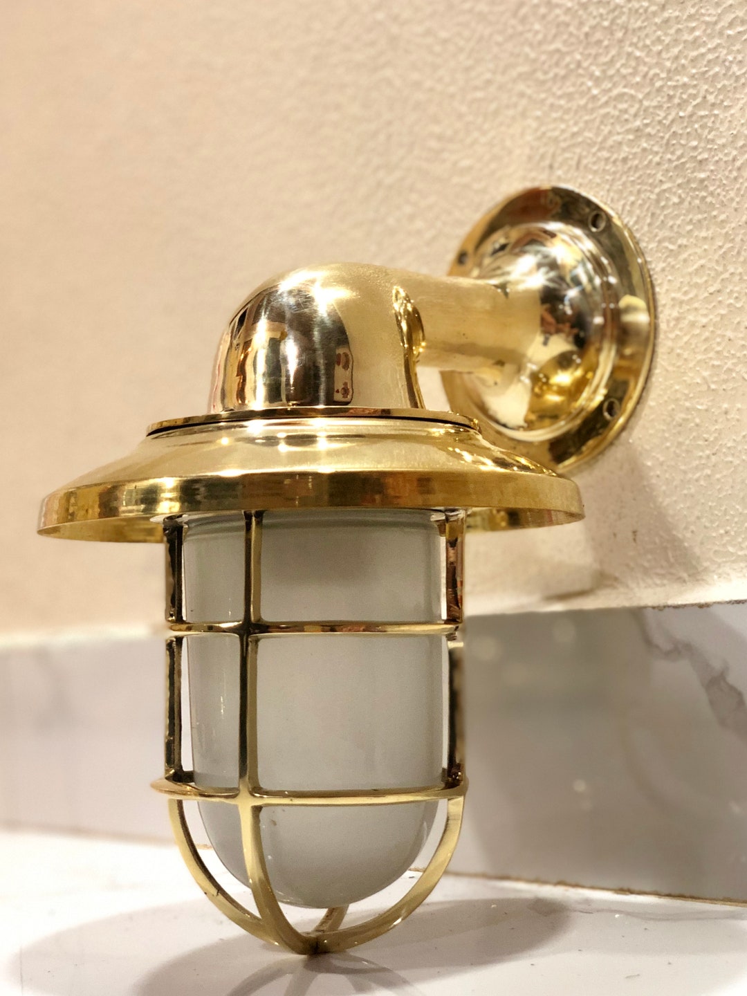 Brass Exterior Wall Bulkhead Light Fixture, Vintage Milk Glass Shade ...