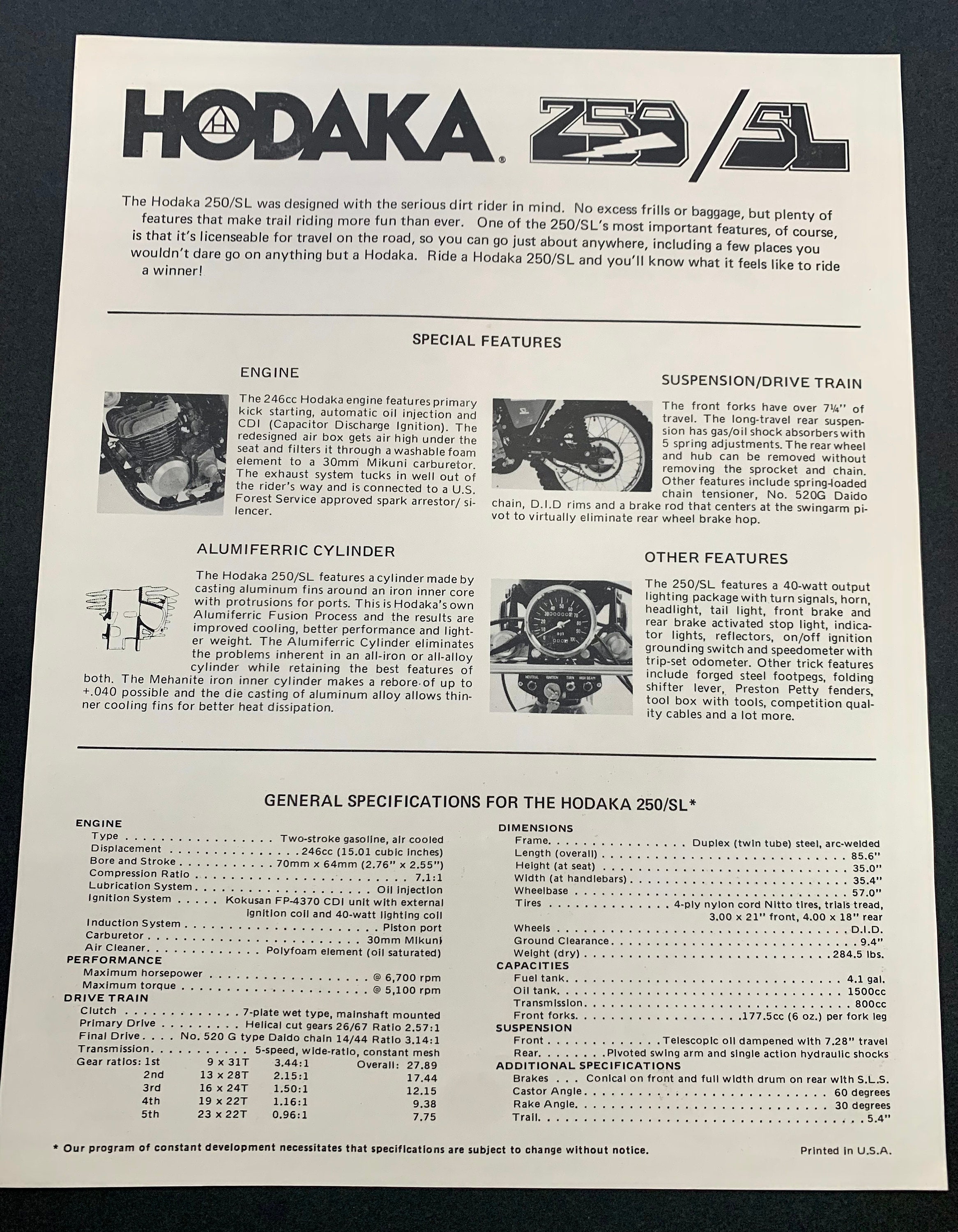 Hodaka Dealership Sales Brochures for 250/SL Road and Trail Motorcycles ...