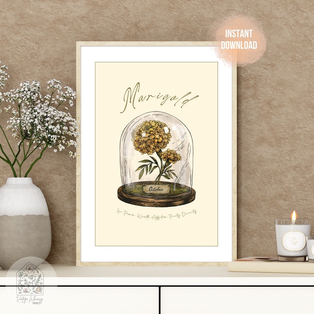 October Marigold, Birth Month Flower Herbology Print, Floral Jar ...