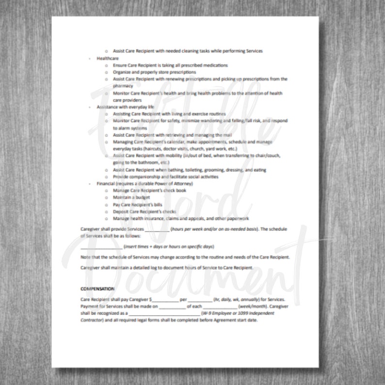 Personal Caregiver Agreement Contract Form | Editable Word Doc ...