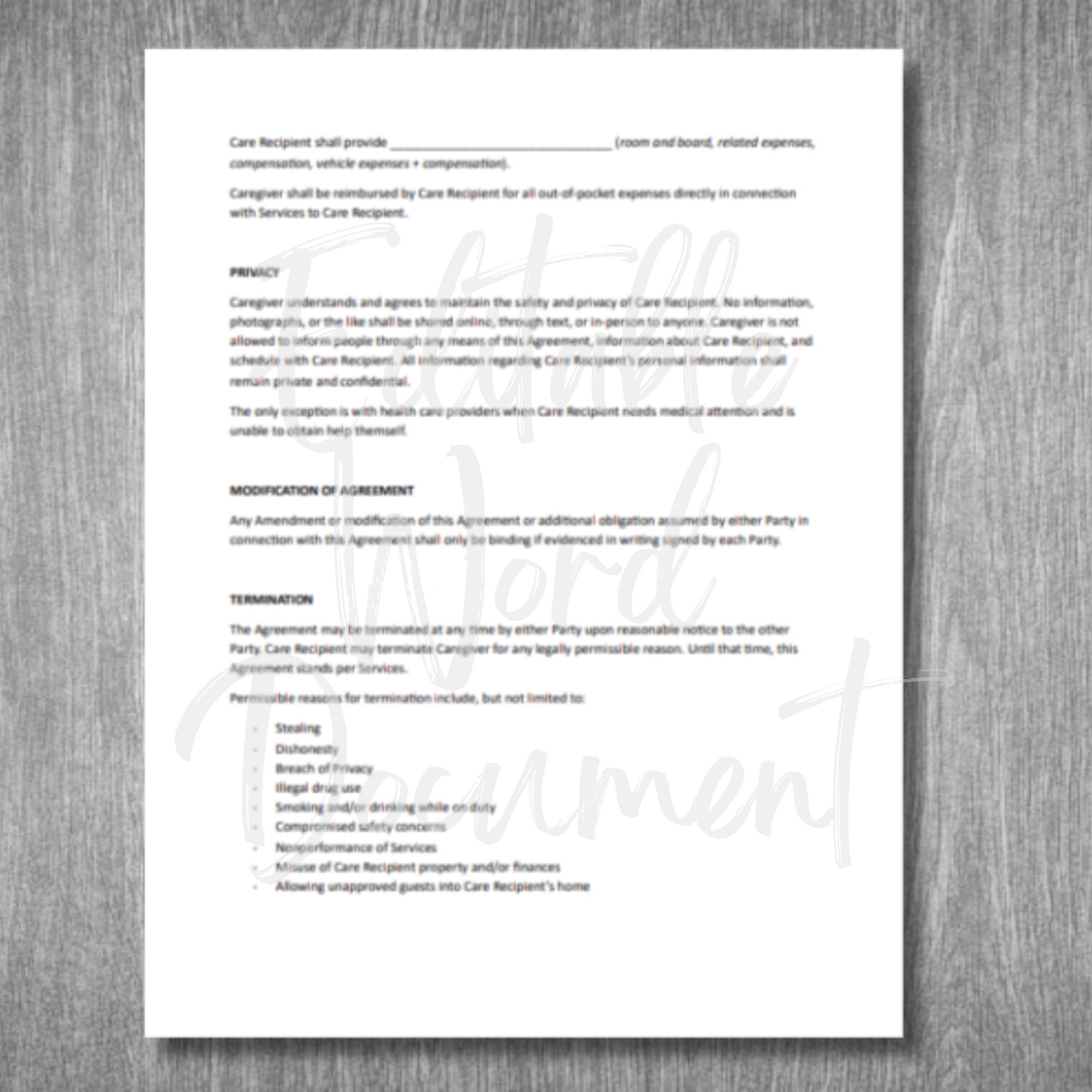 Personal Caregiver Agreement Contract Form | Editable Word Doc ...