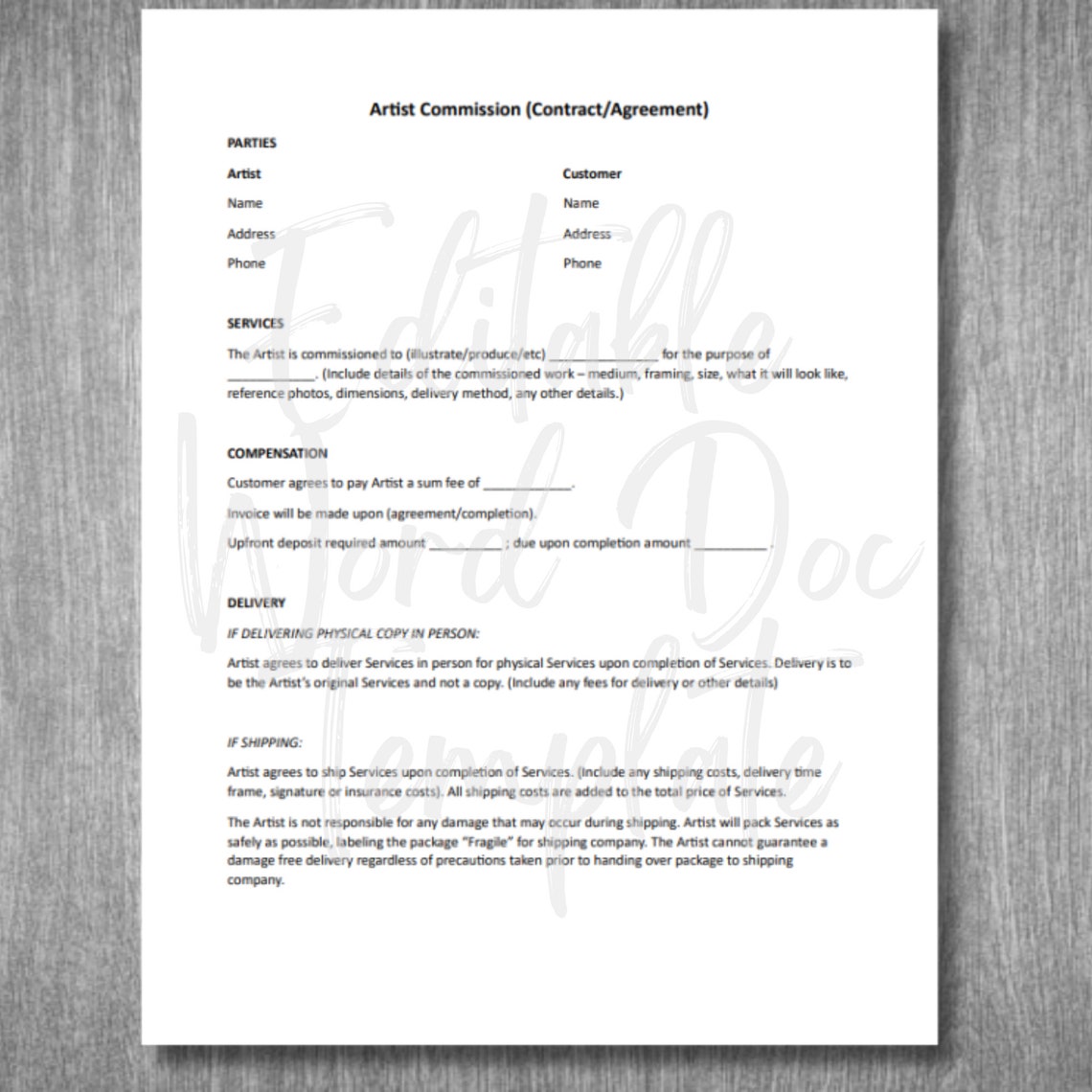 Artist Commission Contract Agreement Template - Editable Word Document ...