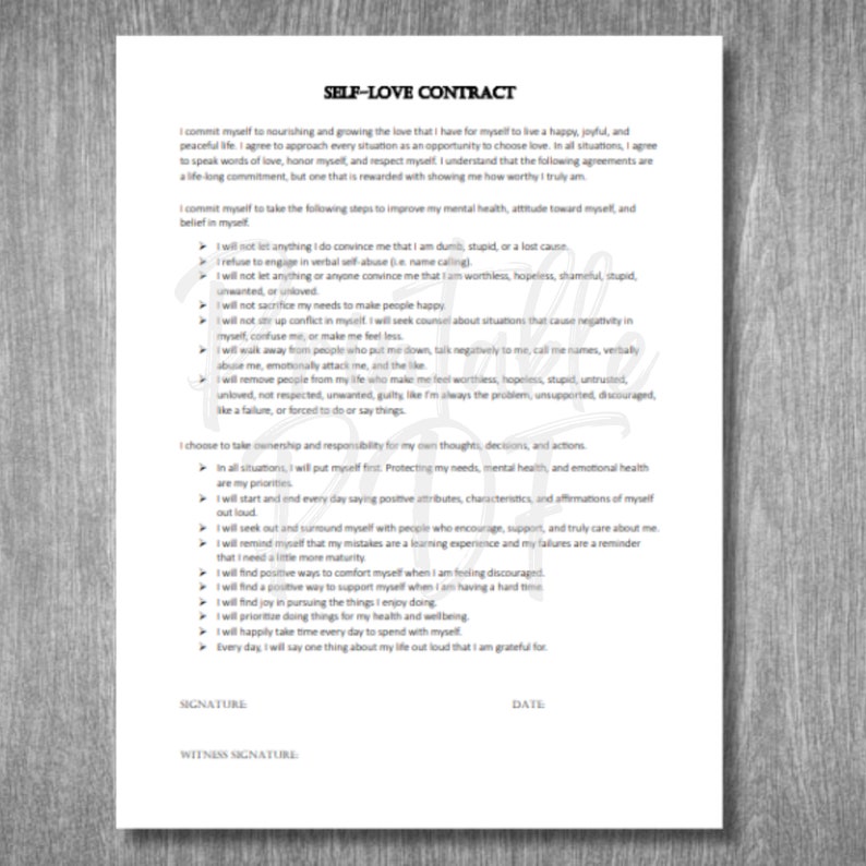 Self-love Contract - Agreement With Myself - Printable PDF Digital ...
