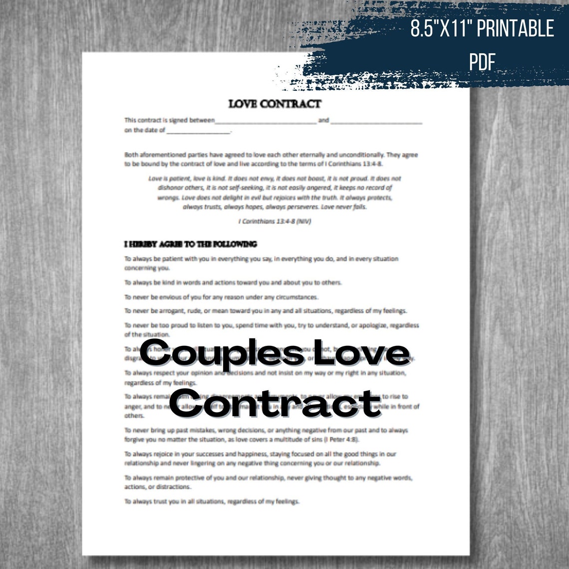 Love Contract | Couples Agreement Form | Printable PDF | Instant ...