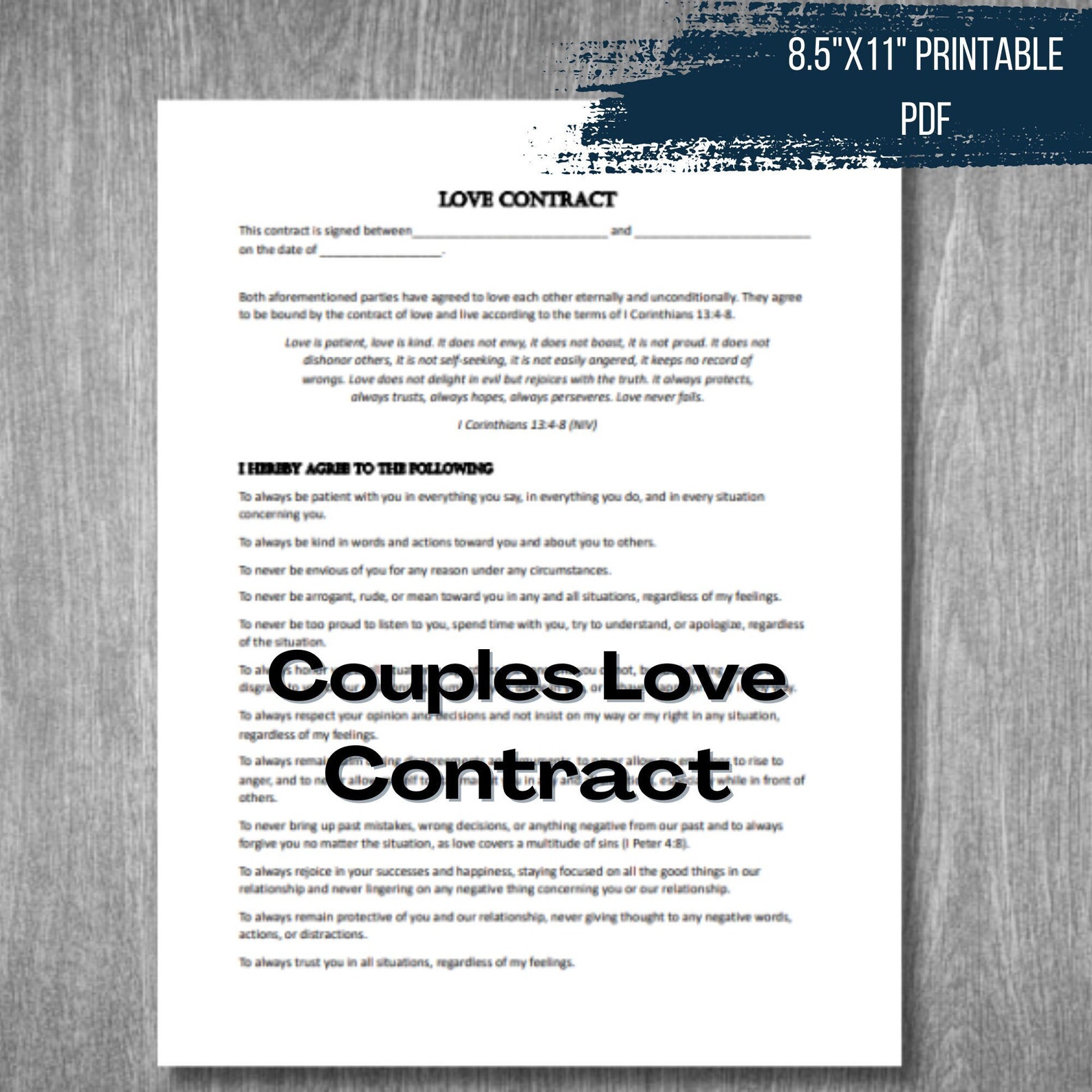 Love Contract | Couples Agreement Form | Printable PDF | Instant ...