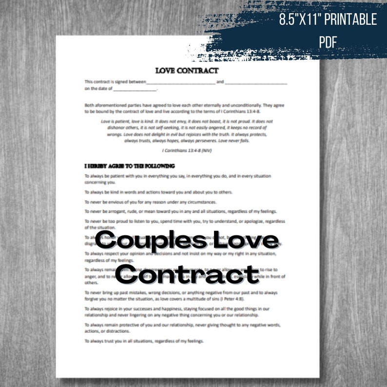 Love Contract | Couples Agreement Form | Printable PDF | Instant ...