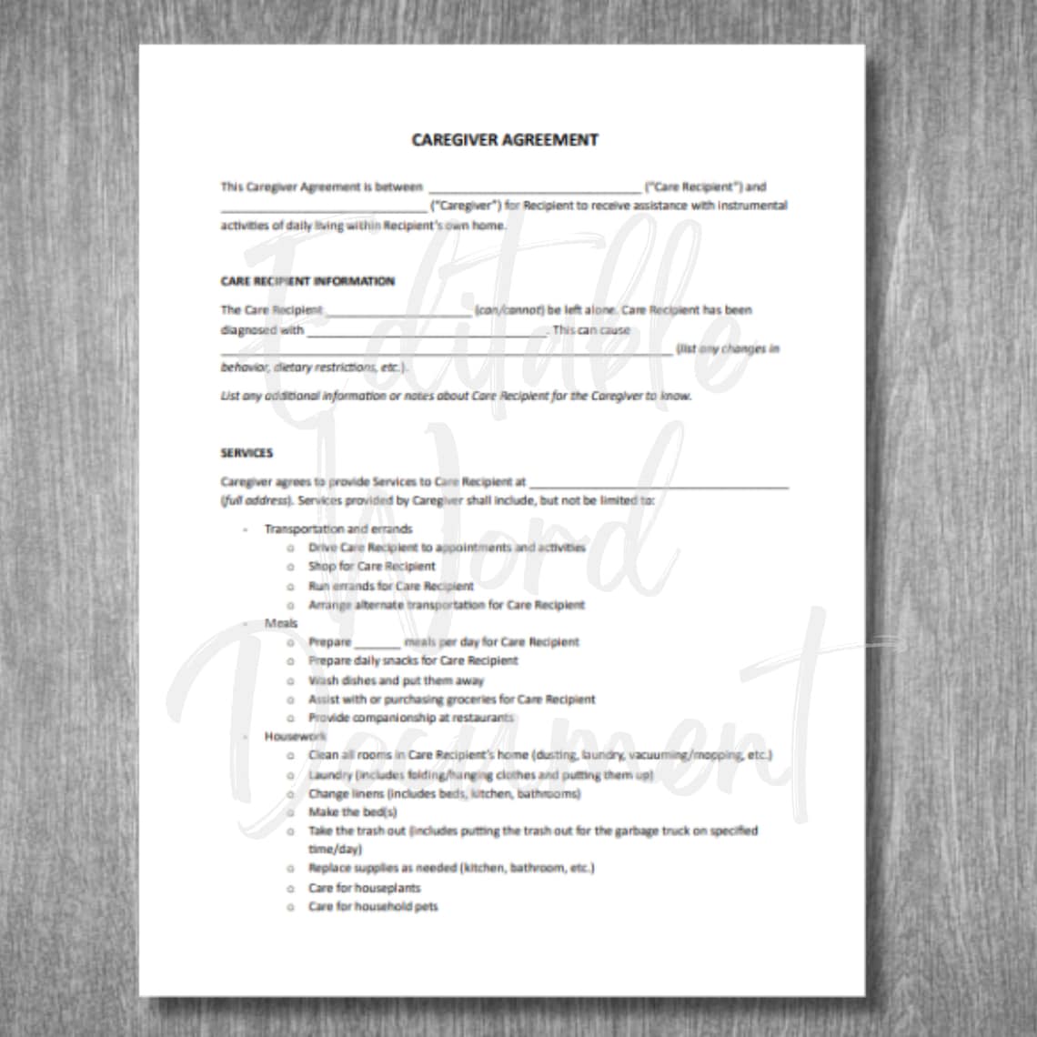 Personal Caregiver Agreement Contract Form - Editable Word Doc Digital ...