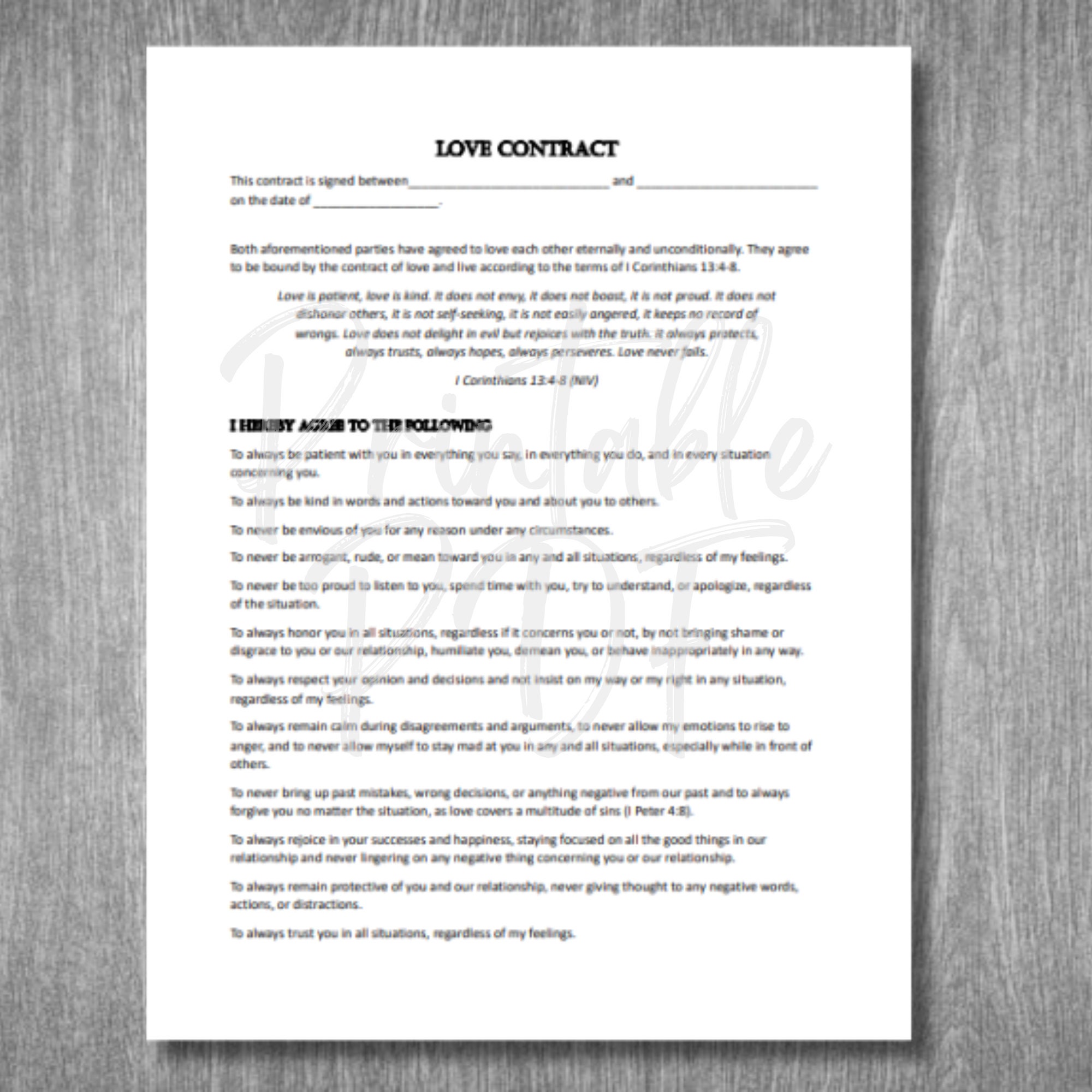 Love Contract - Couples Agreement Form - Printable PDF Digital Download ...