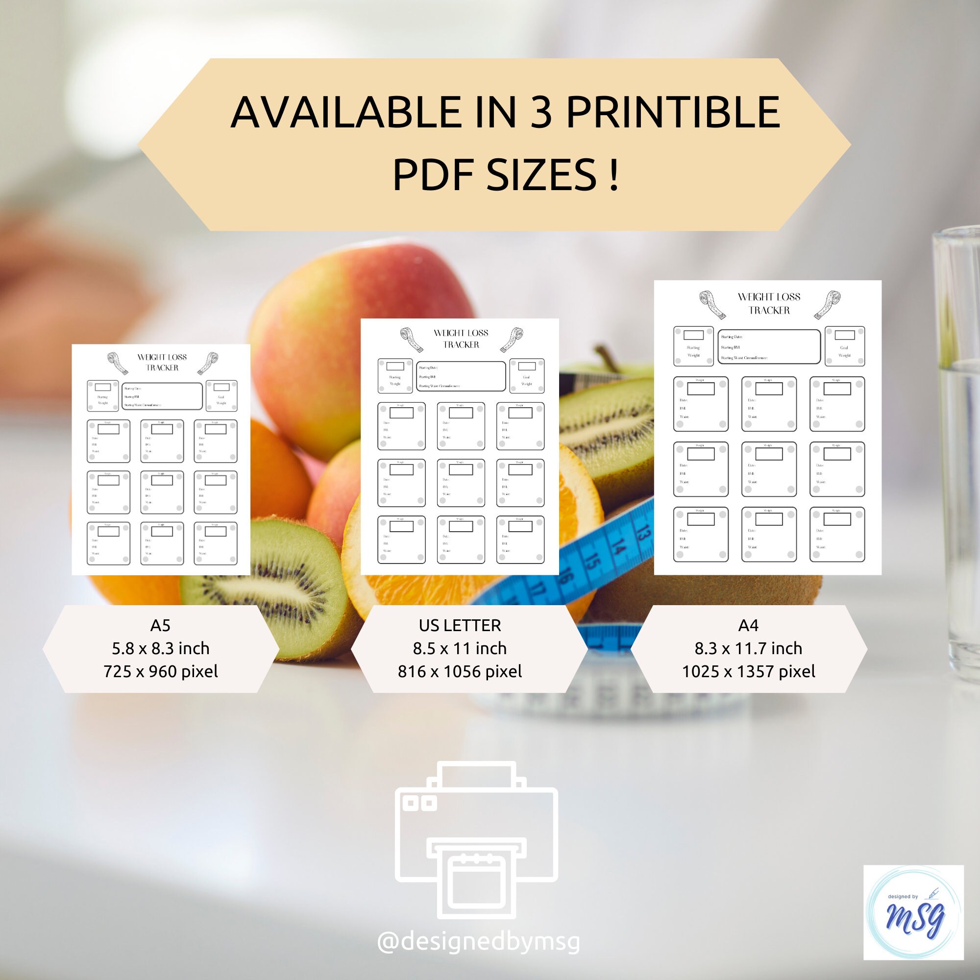 Monthly Simple Weight Loss Tracker, BMI Tracker, Waist Circumference ...