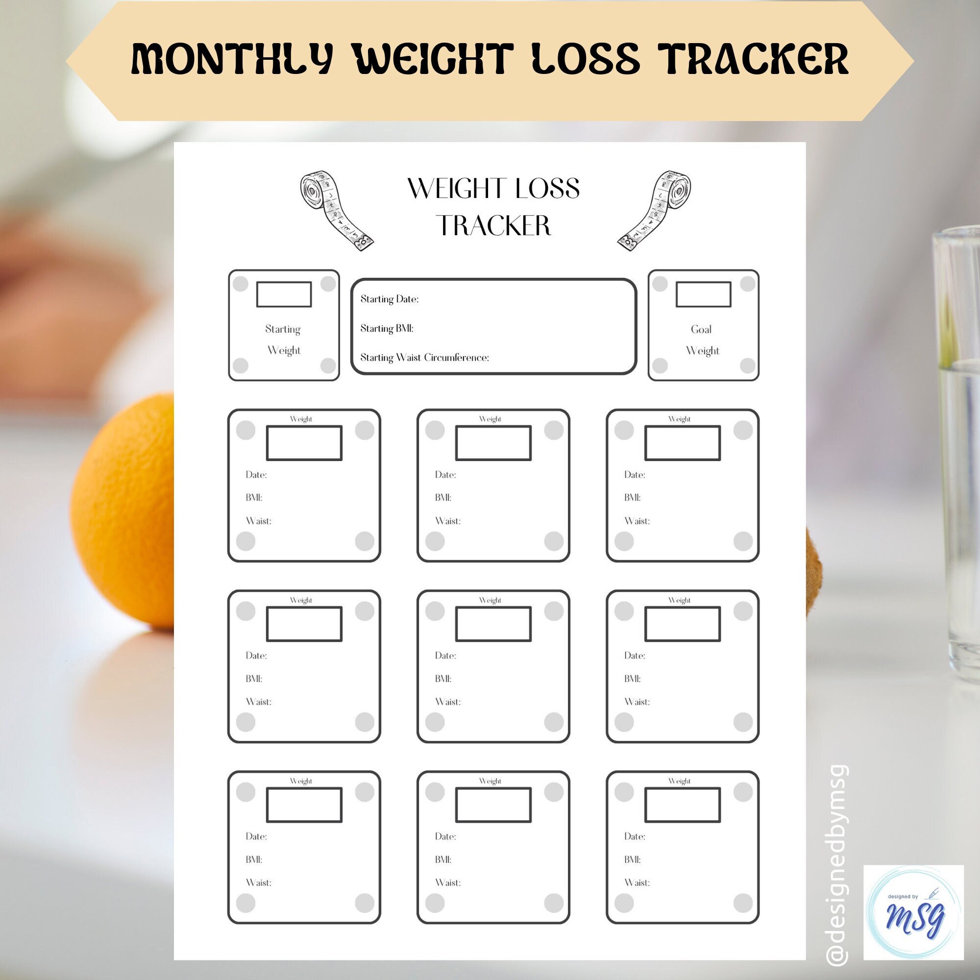 Monthly Simple Weight Loss Tracker, BMI Tracker, Waist Circumference ...
