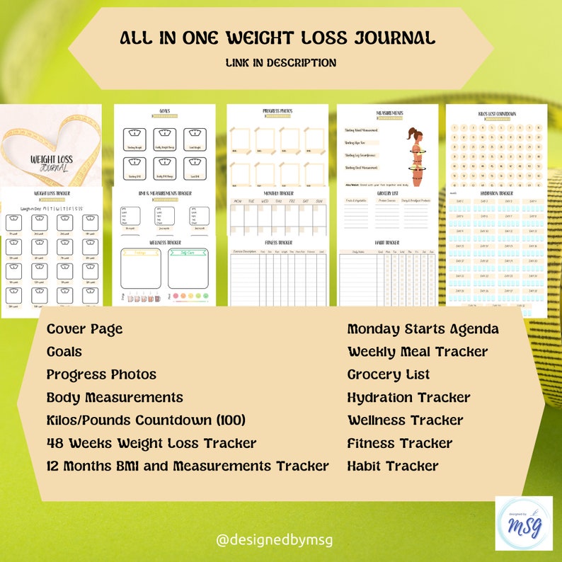 Monthly Simple Weight Loss Tracker, BMI Tracker, Waist Circumference ...