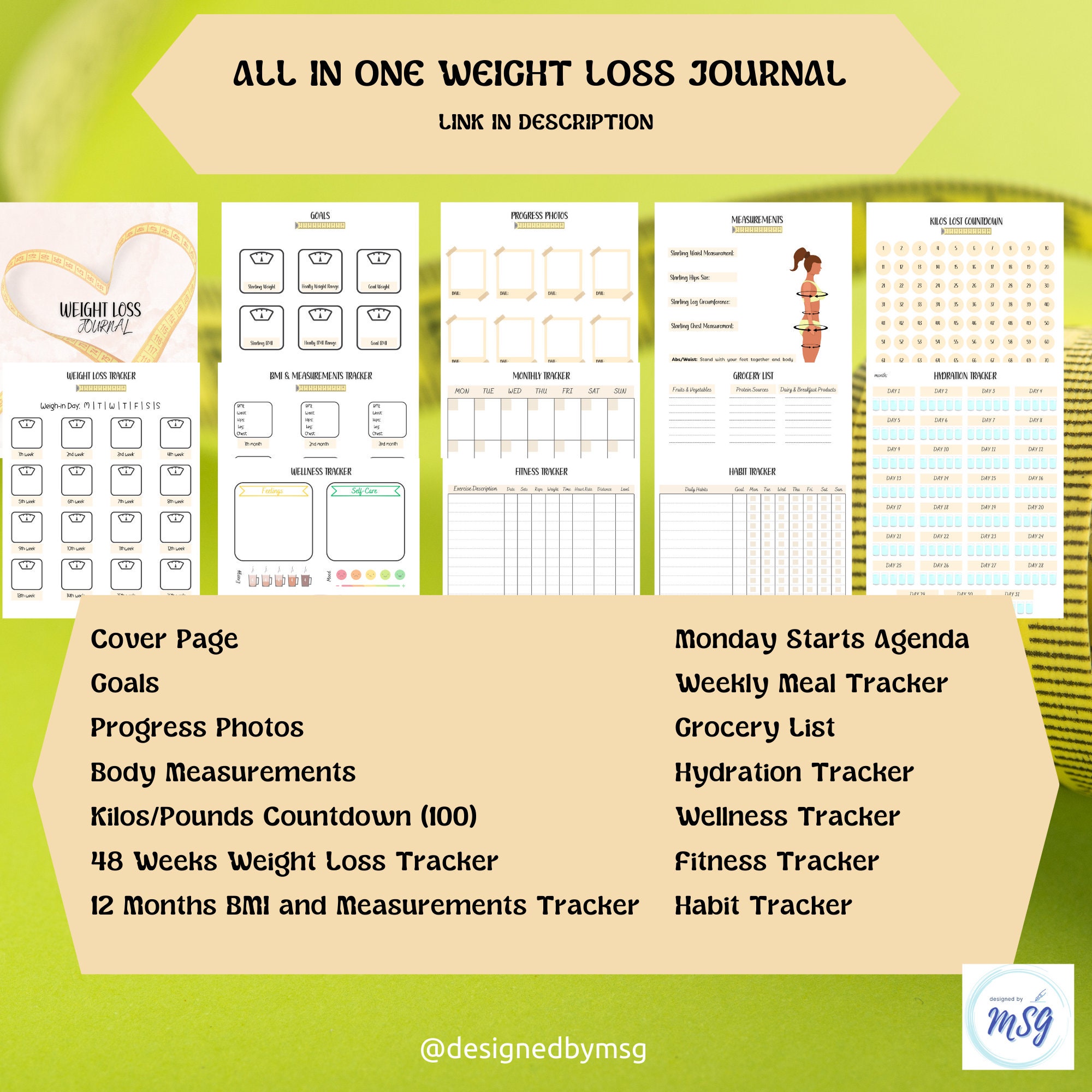 Monthly Simple Weight Loss Tracker, BMI Tracker, Waist Circumference ...