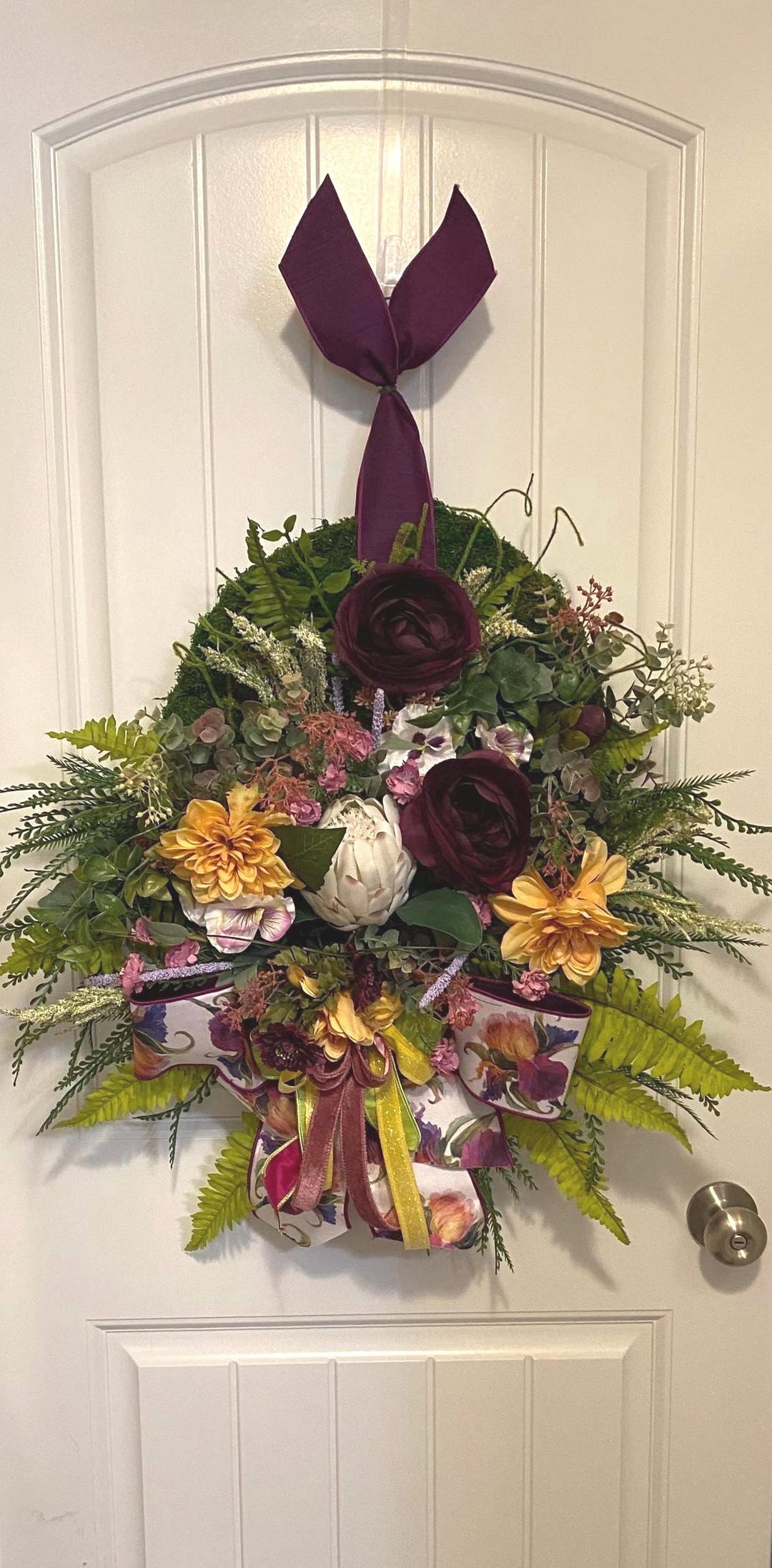 Moss Wreath, Plum, Yellow & White Faux Florals, Front Door Decor, Fall ...