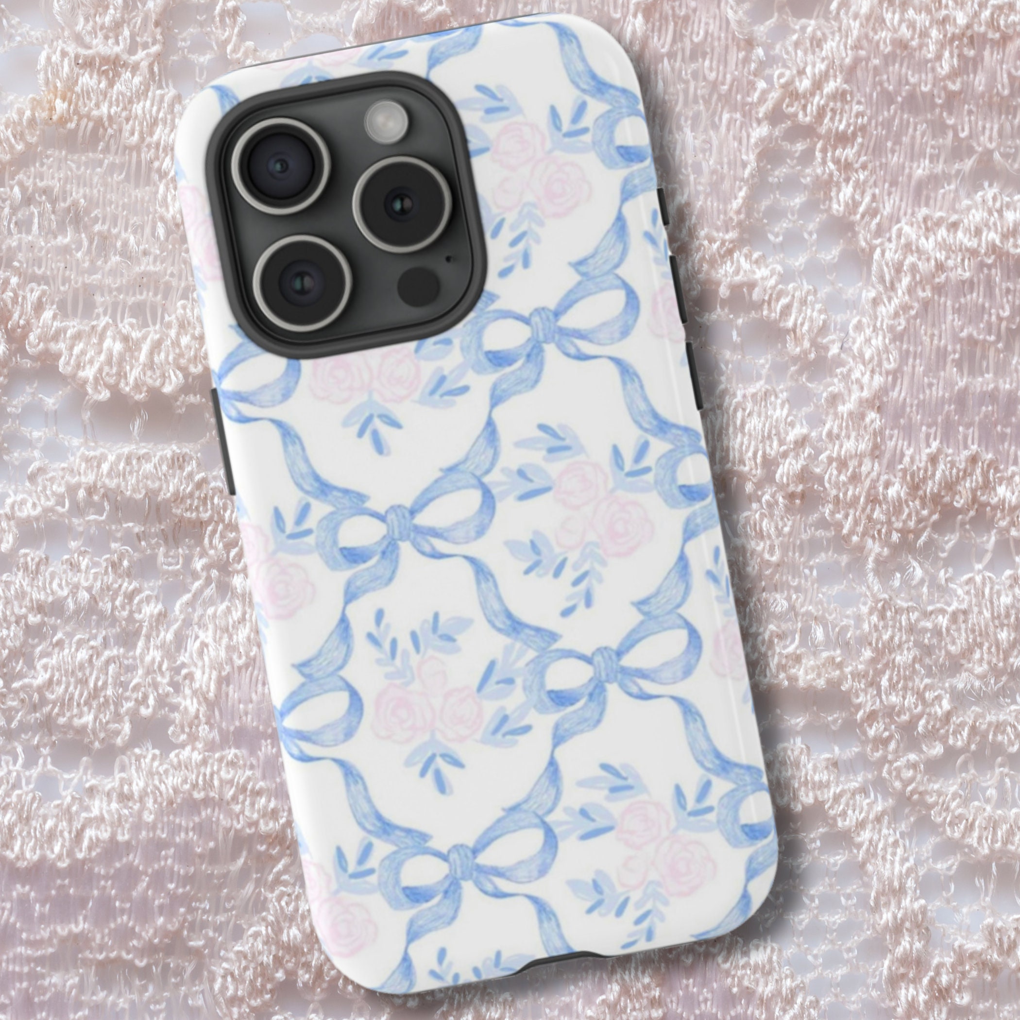 Coquette Retro Blue Pink Ribbon Art Tough Phone Case, Balletcore ...