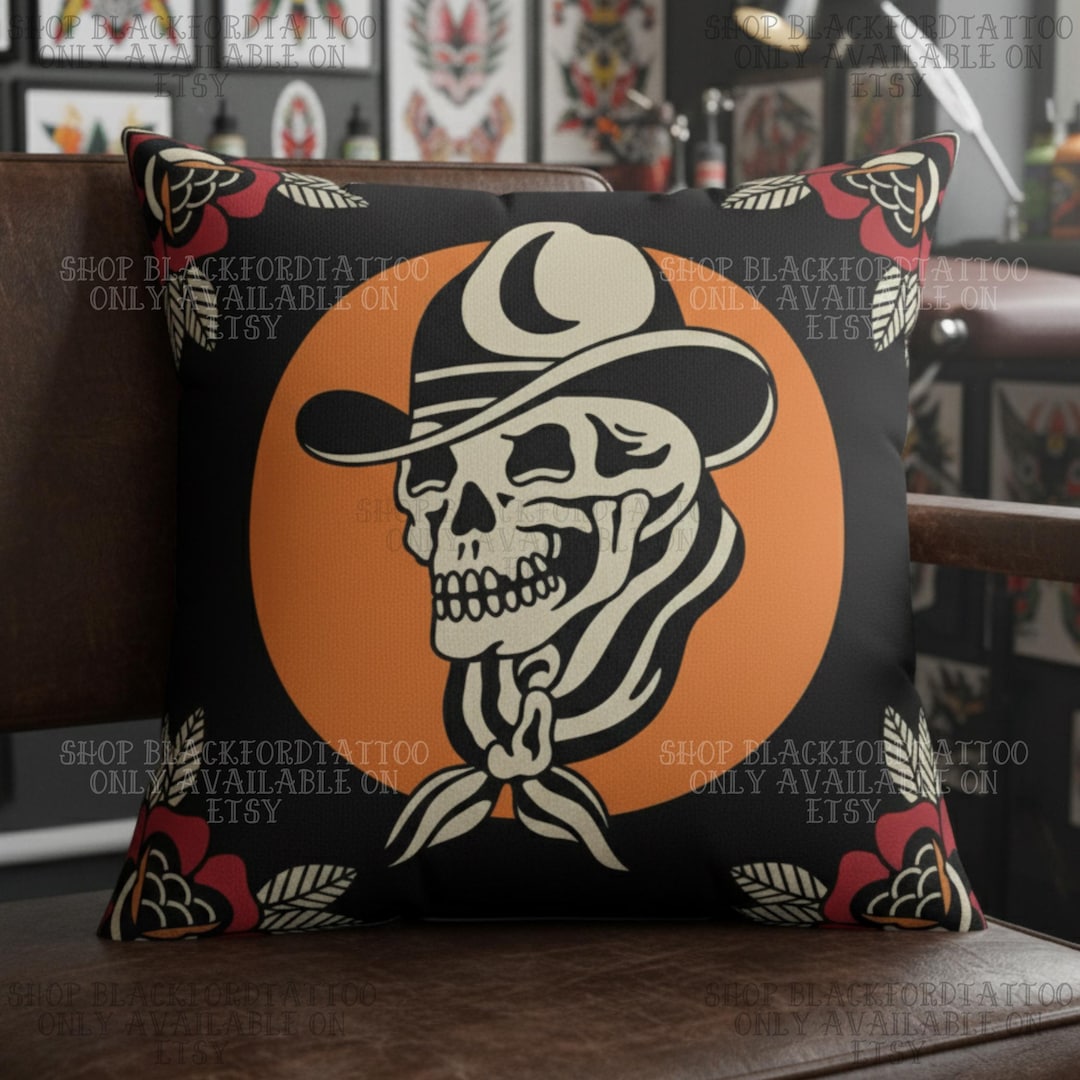Traditional Tattoo Flash Western Cowboy Faux Suede Square Accent Pillow ...