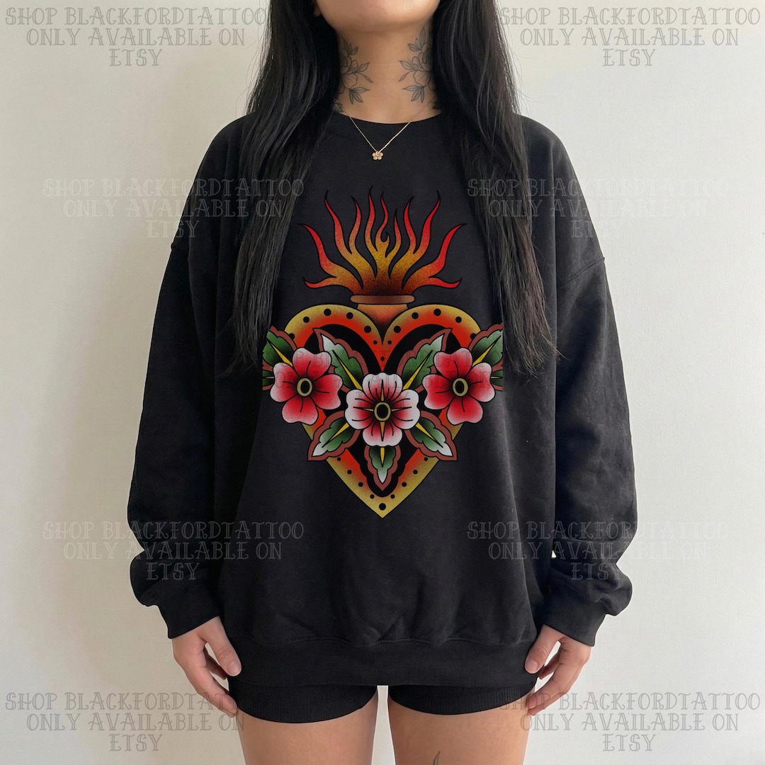 Sacred Heart Tattoo Flash Sweatshirt Alt Grunge Streetwear Gothic ...