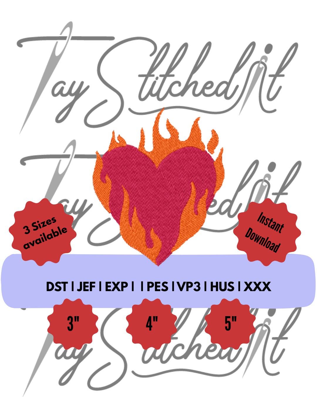 Burning Heart Embroidery Design: Fire Heart File (3 Sizes) (digital ...