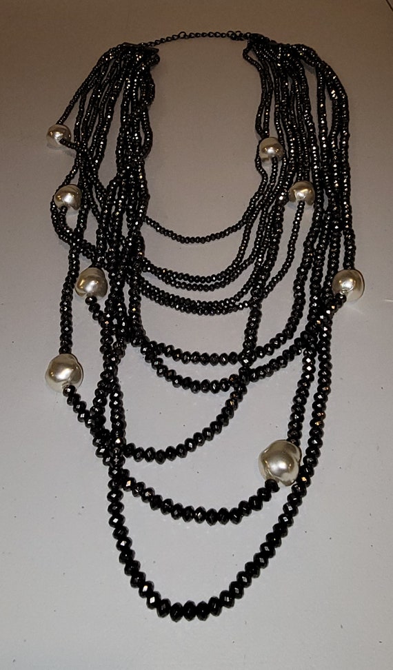 Black with Faux Pearls Multi-Strand (10) Beaded Neckl… - Gem