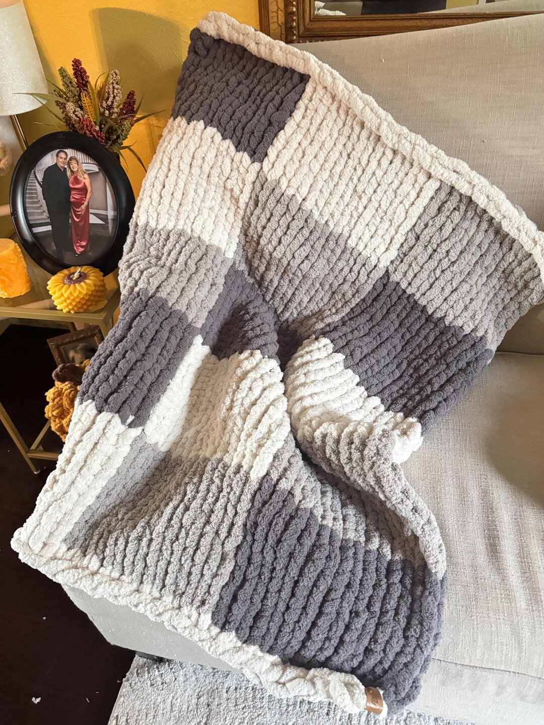 Finger Knitted Checkered Chunky Knit Throw Blanket: Soft Chenille BOHO ...