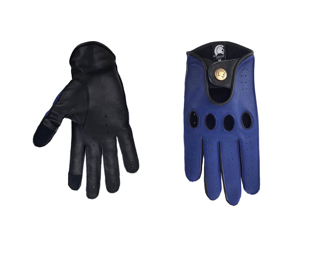 Designer Driving Gloves BLUE Leather With Reverse Stitching Touchscreen ...