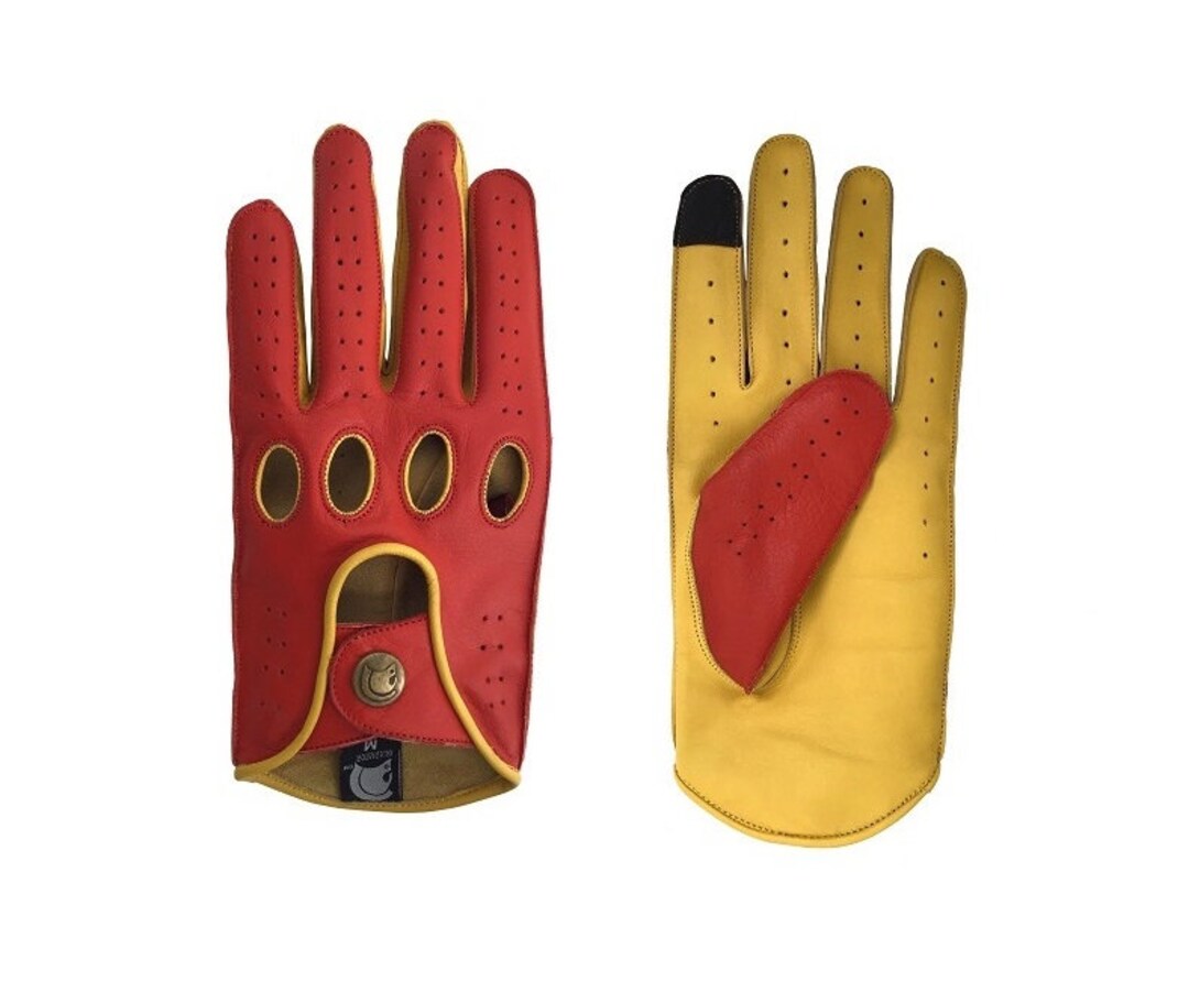 Designer Driving Gloves RED GOLD Leather With Reverse Stitching ...