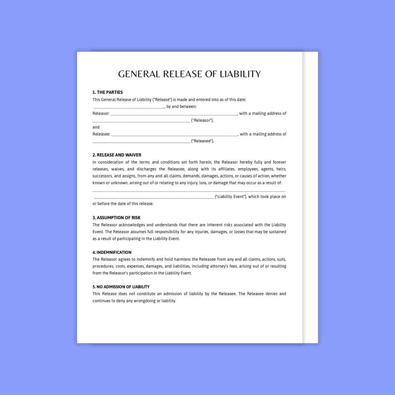 General Release of Liability Form Template (word, PDF, Google Docs) - Etsy