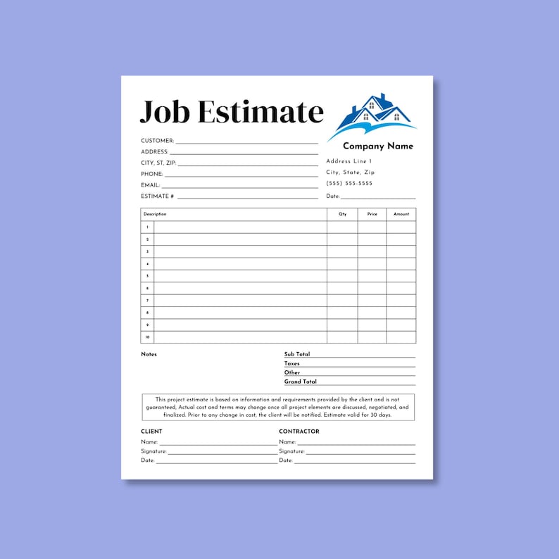 Editable Job Estimate Template, Construction Work Quote Form (digital ...
