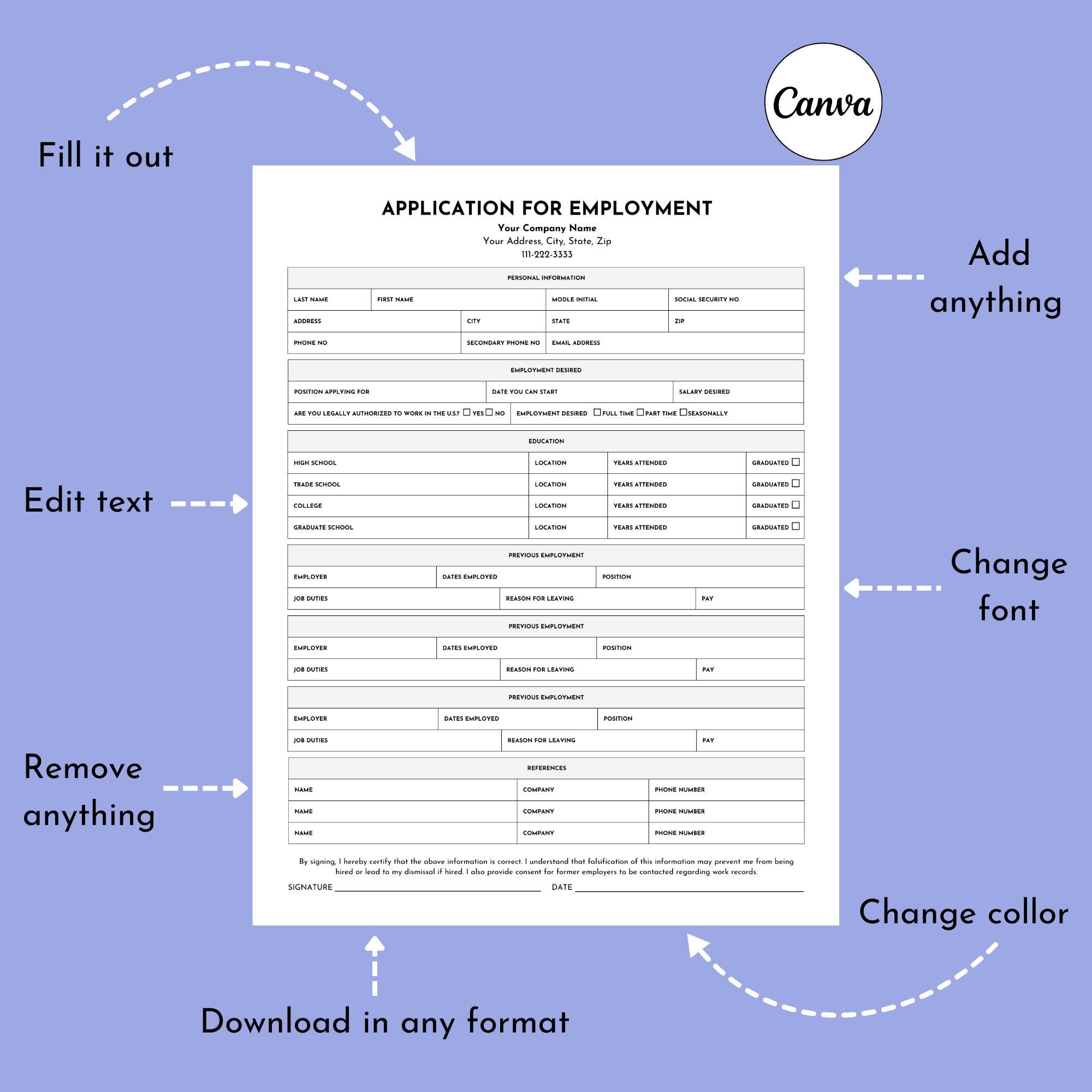 Job Application Template, Employment Application, Job Application ...
