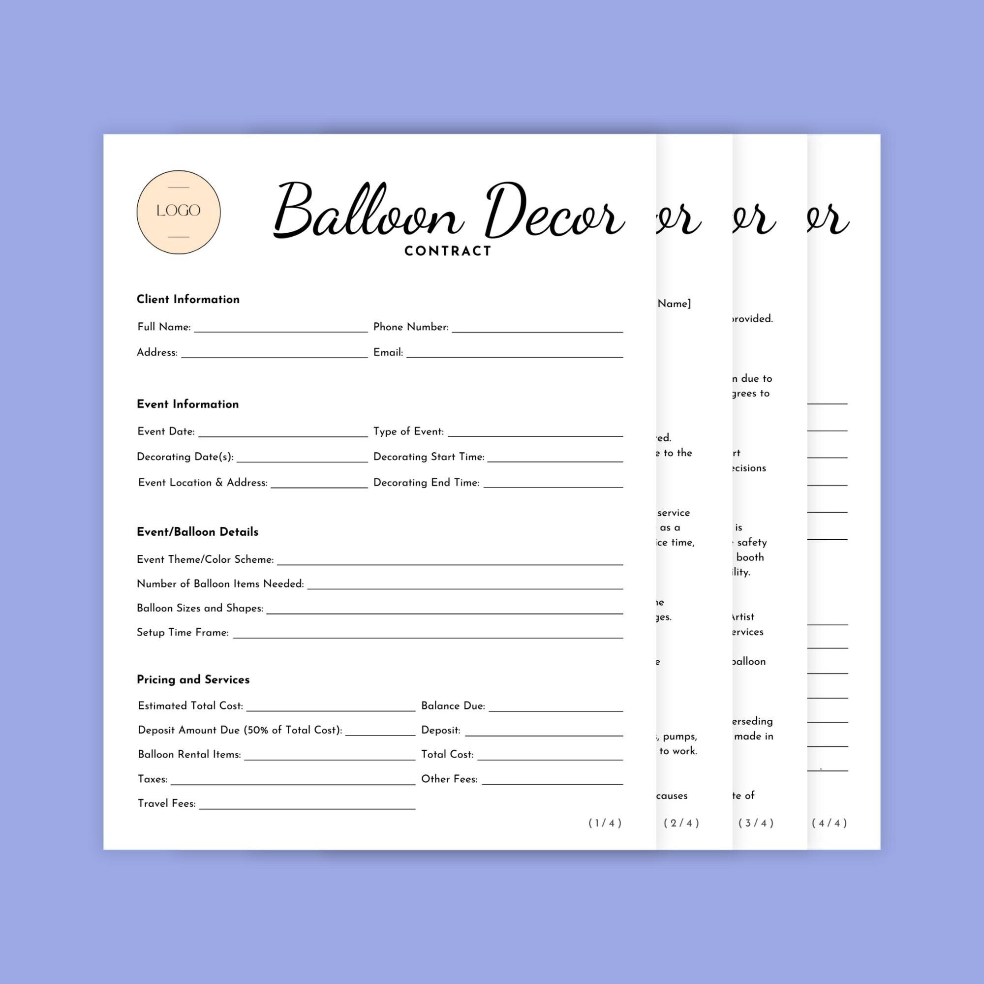 Balloon Artist Contract Template: Editable Balloon Decor Agreement ...