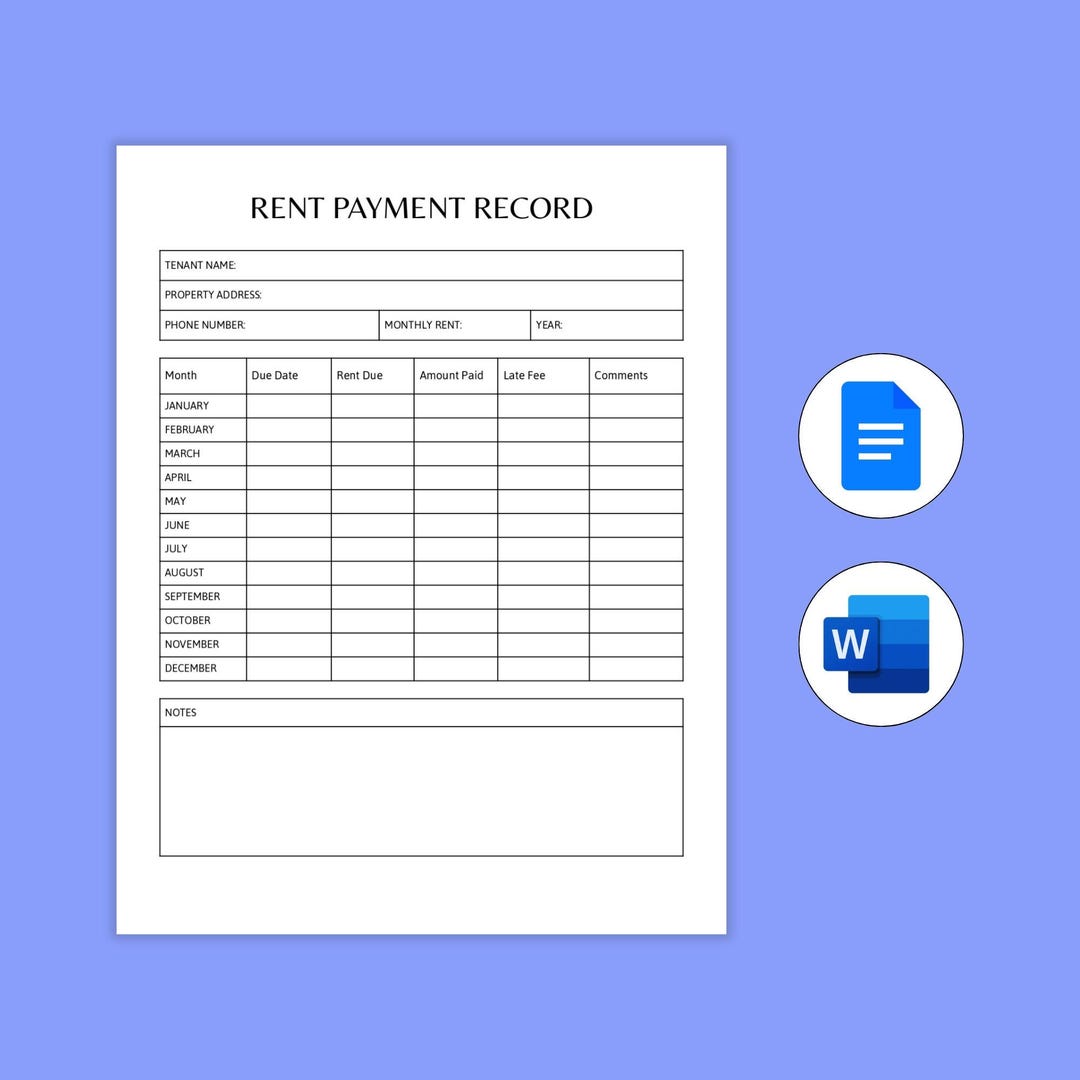 Rent Payment Ledger. Printable Rental Ledger Template. Monthly Rent ...