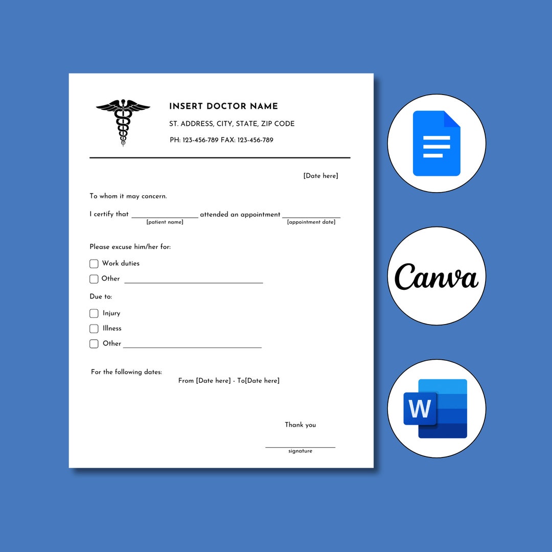 Fillable Doctors Note for Work, Doctor Excuse Note, Drs Note, Doctor ...