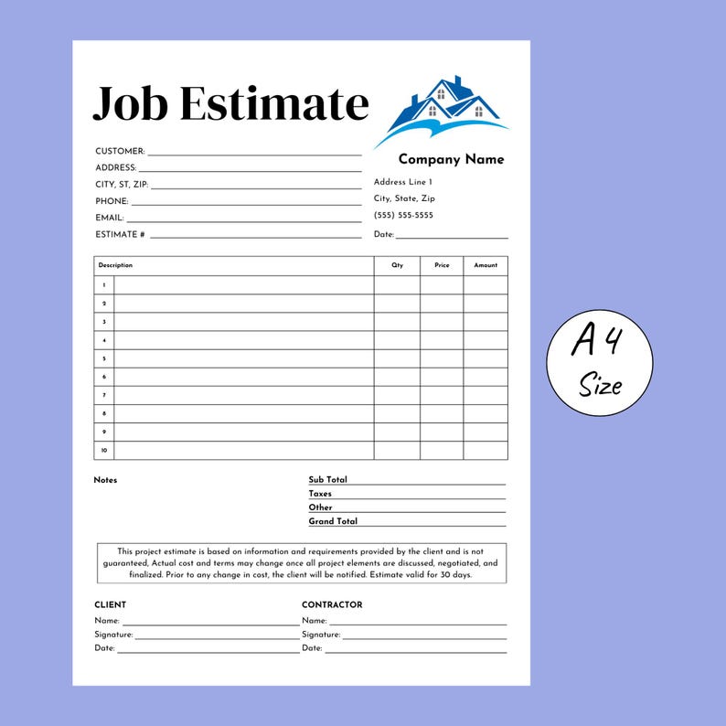 Job Estimate Template. Work Estimate Template, Editable Job Estimate ...