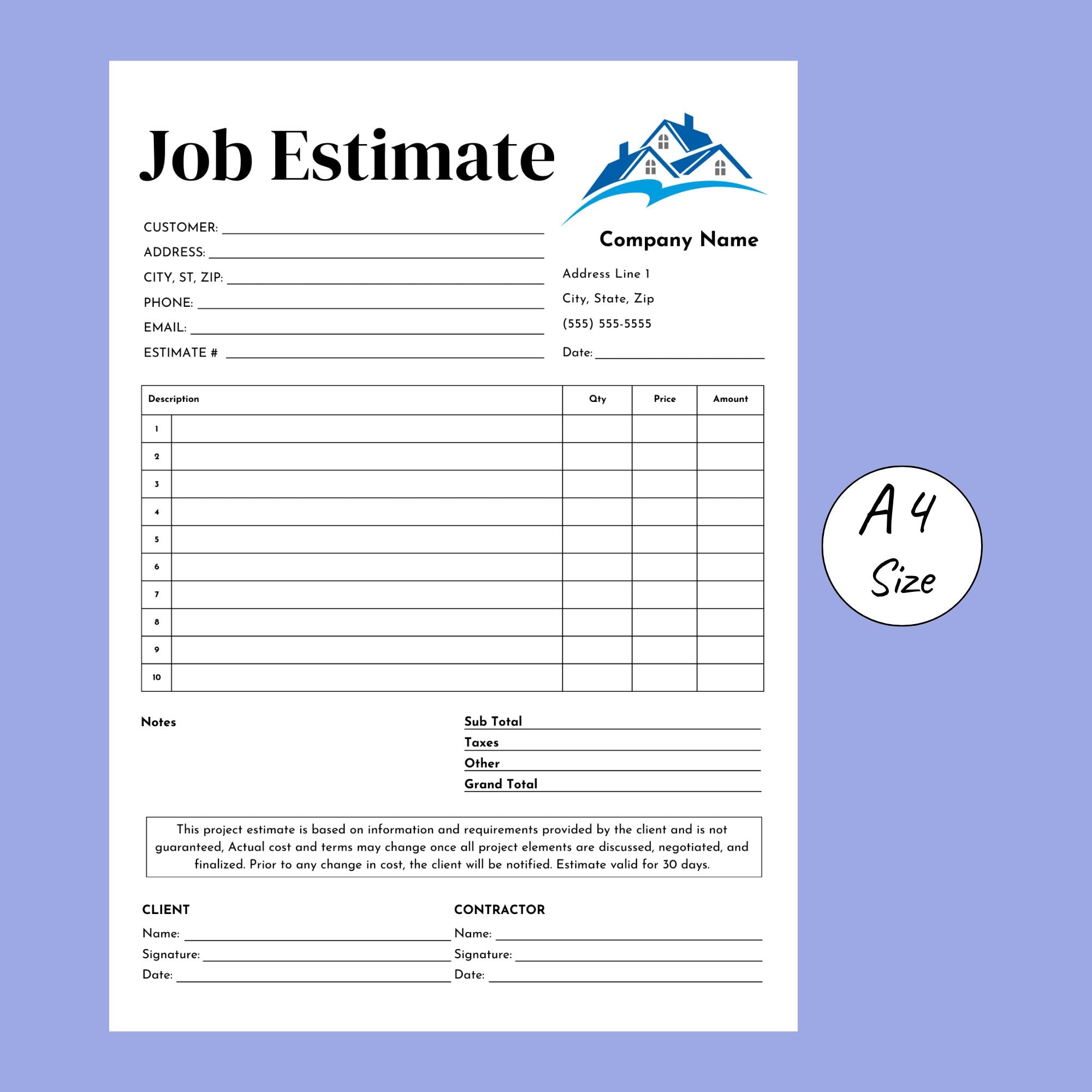 Job Estimate Template. Work Estimate Template, Editable Job Estimate ...