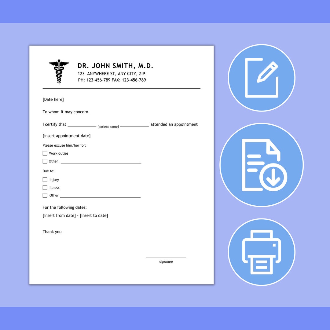 Fillable Doctors Note, Fillable Doctors Note for Work, Doctor Excuse ...